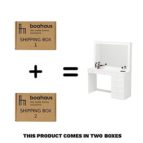 Boahaus Joan Vanity Makeup Desk with 7 Drawers, Wide Hollywood Vanity Mirror, No Lights Add-on Included, White Vanity Painted Makeup Table, Vanity Dresser with Mirror for Bedroom (New Version 04/2023)