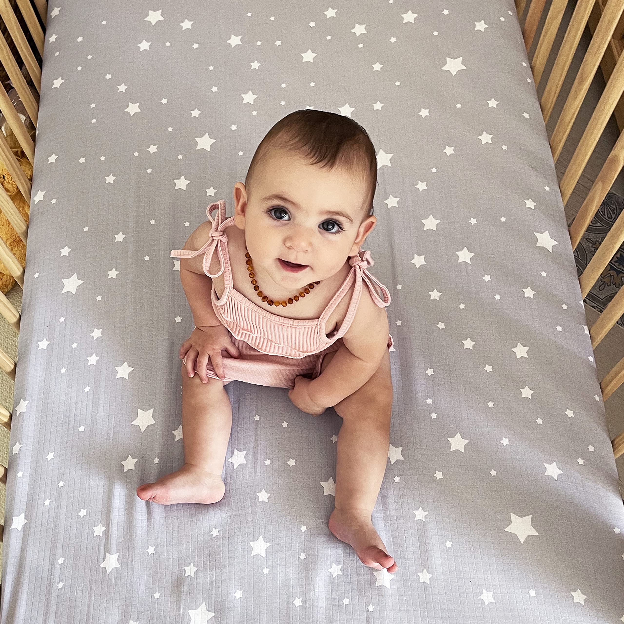 Newton Baby Fitted Mini Crib Sheets (2-Pack) | Organic Muslin Cotton, Breathable & Soft Baby Sheets, Washable Baby Mattress Sheets, Fits Any Mini Sized Crib 24" x 38", Stardust Twilight Grey + White