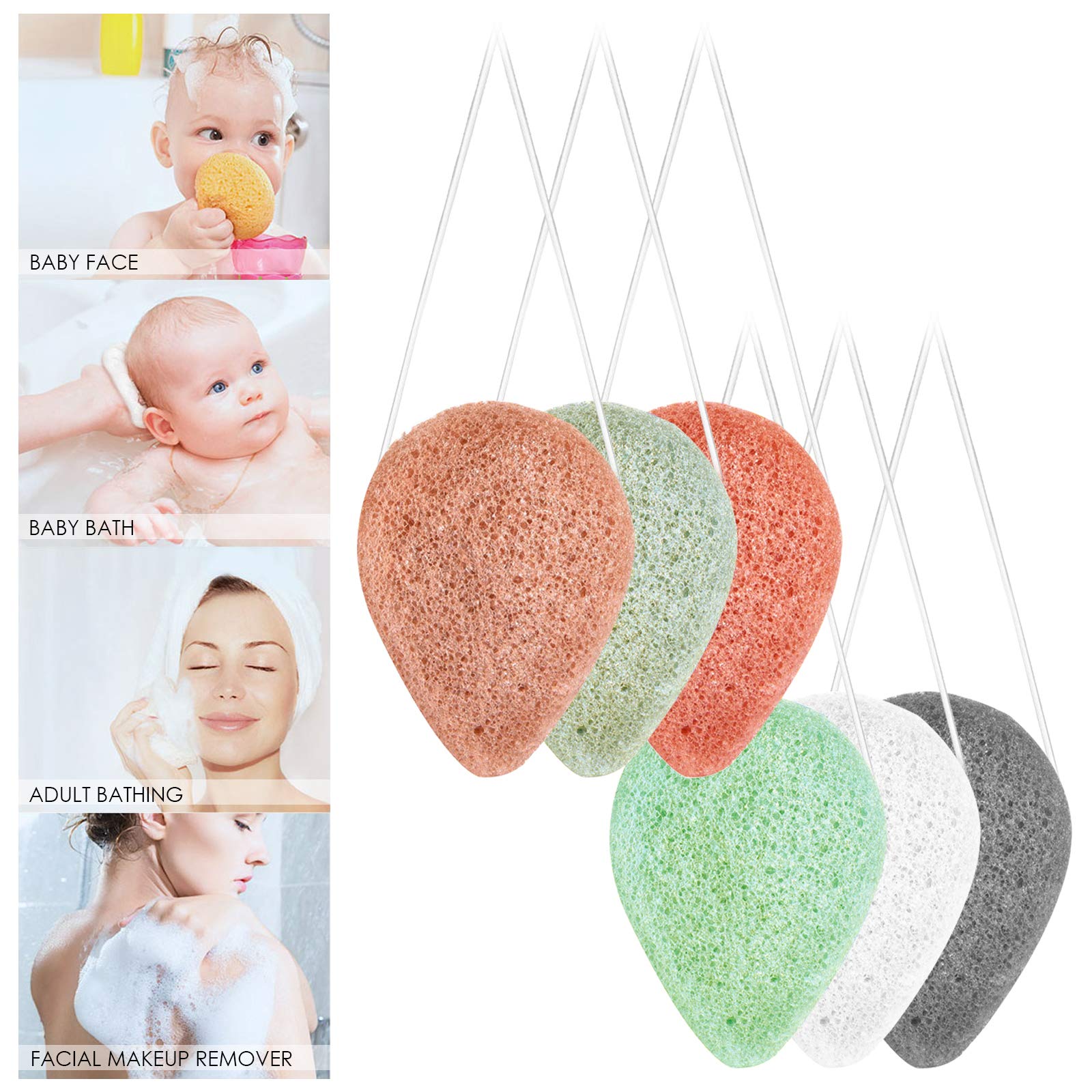 6 Pack Natural Konjac Facial Sponges, findTop 6 Colors Konjac Facial Sponges for Gentle Face Cleansing and Exfoliation
