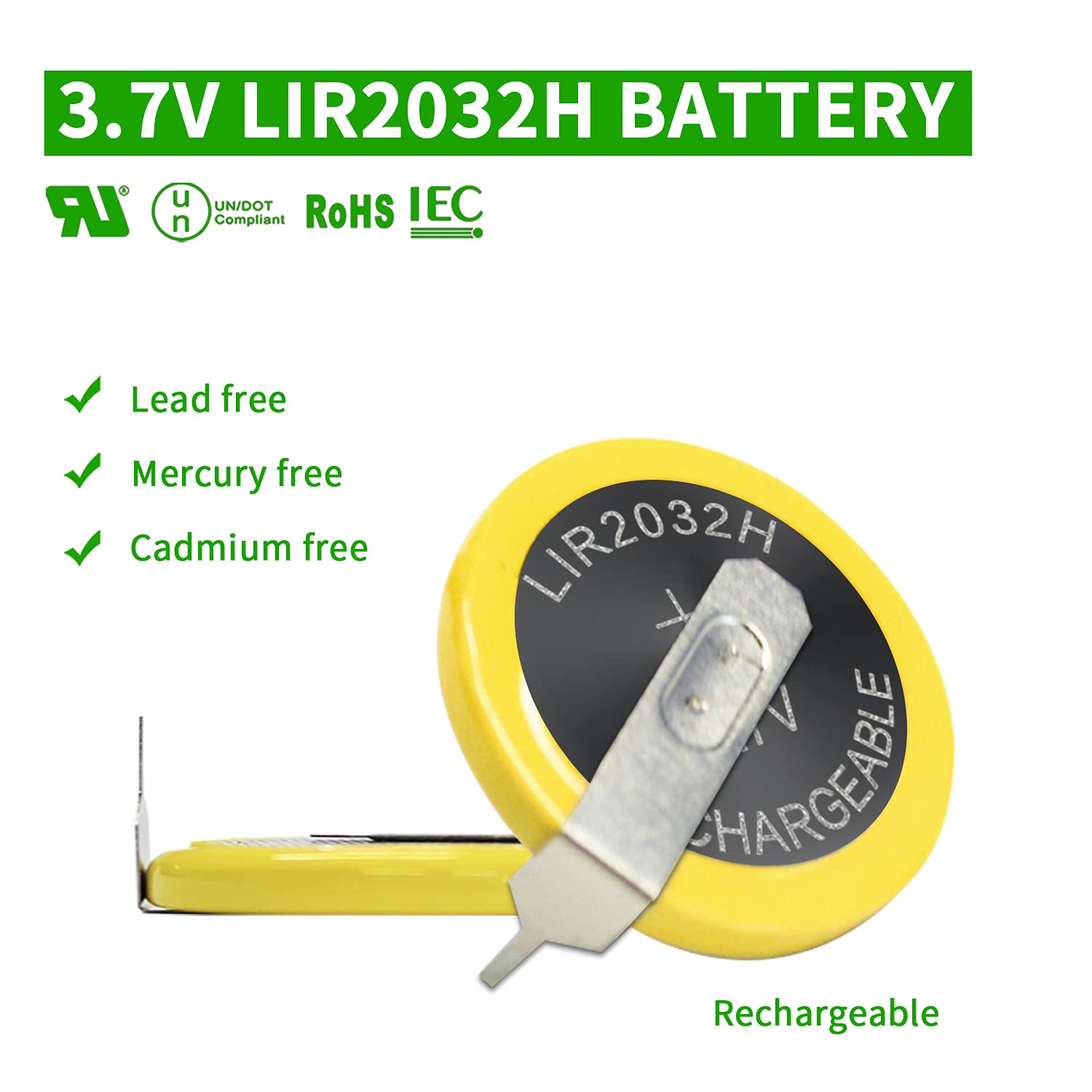 EEMB 5PCS LIR2032H Rechargeable Battery 70mah 3.7V Lithium-ion Coin Button Cell Batteries with Solder Tabs
