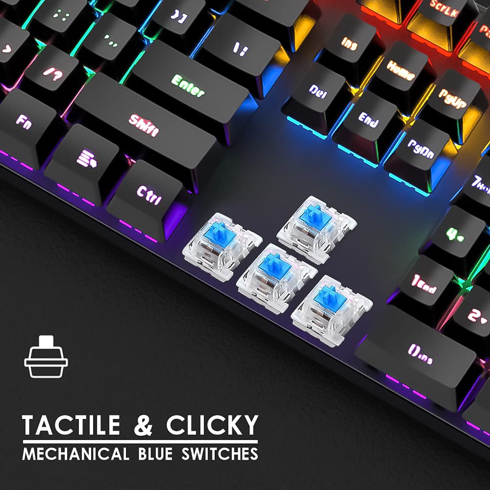 Alkem Mechanical Gaming Keyboard with Rainbow Backlit 104 Keys Gaming Keyboard USB Wired Keyboard with Blue Switch Anti-Ghosting Full Size Keyboard for Windows PC MAC Games (Black)