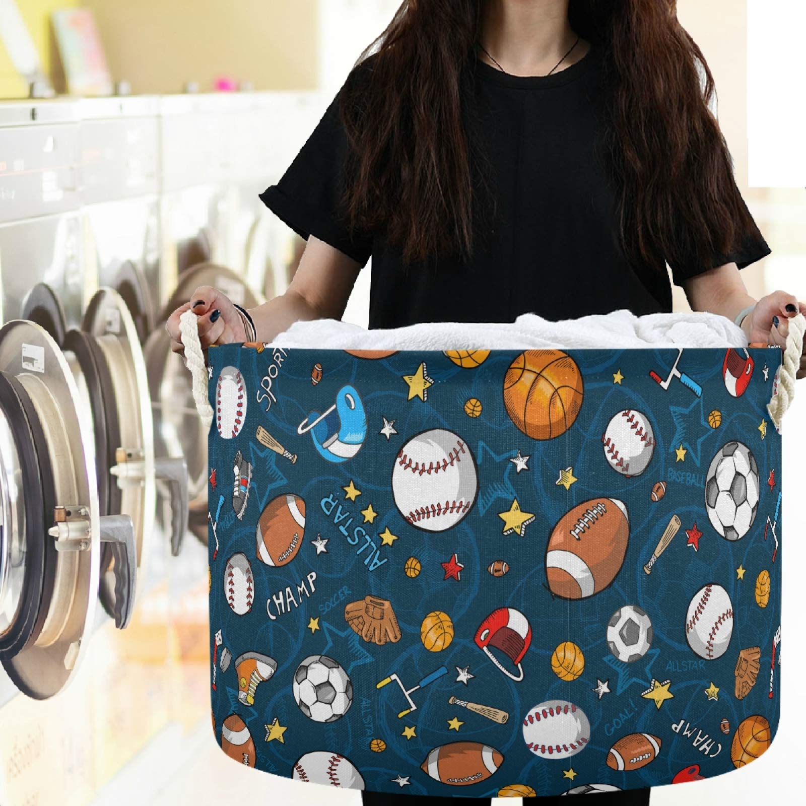 visesunny Football Baseball Sport Laundry Baskets Fabric Storage Bin Storage Box Collapsible Storage Basket Toy Clothes Shelves Basket for Bathroom,Bedroom,Nursery,Closet,Office