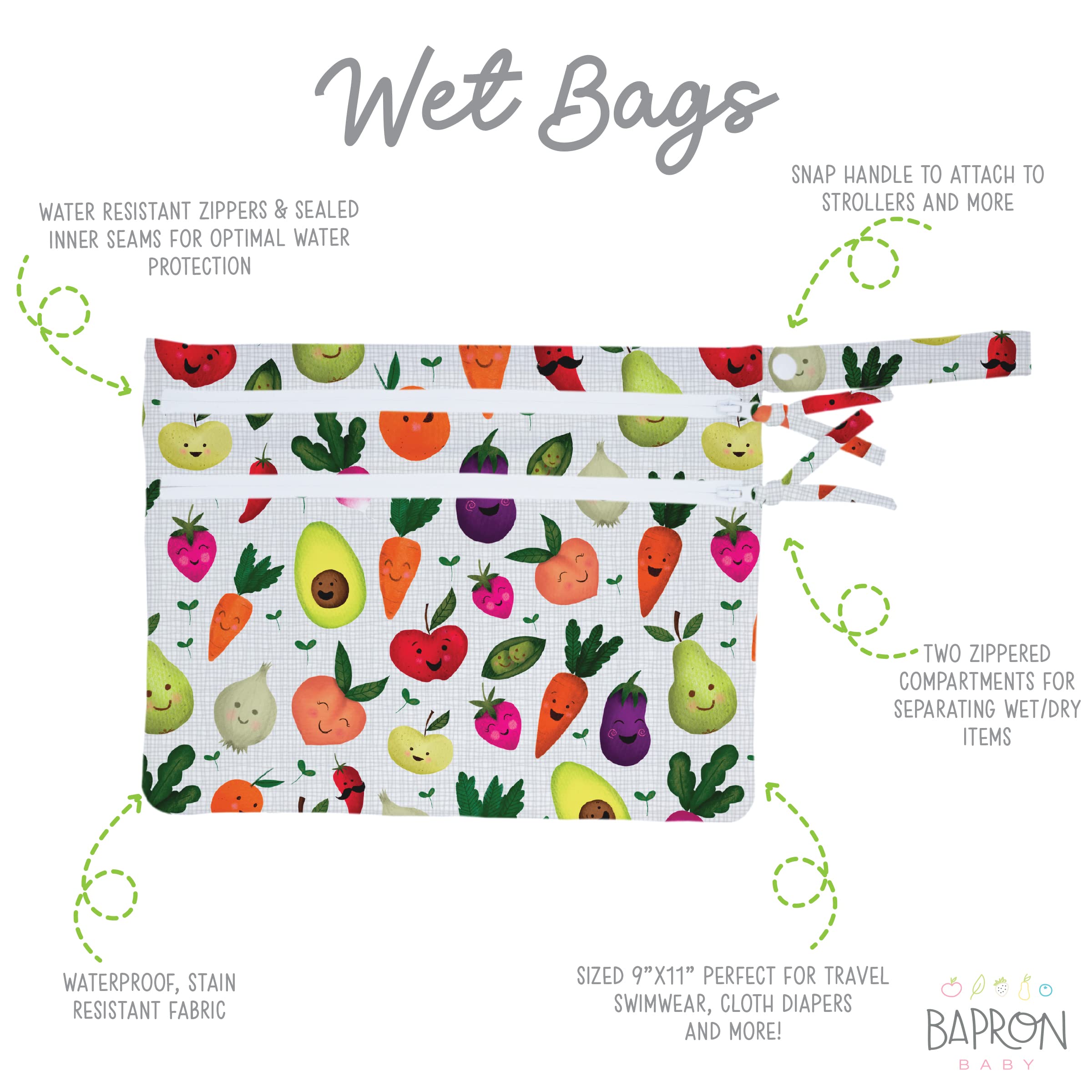 BapronBaby Market Fresh Produce Wet Dry Bag - Waterproof Two Zipper Pockets - Reusable for Mealtime, Diapers, Stroller, Snacks, Swimsuits - Machine Washable - 11" x 9"