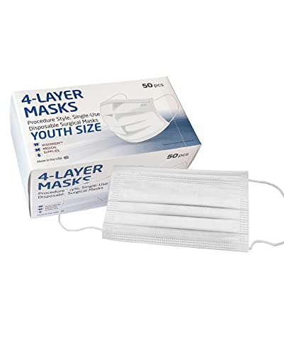 WMS Small Ear Loop 4-Layer Youth Face Masks, Wisconsin Medical Supplies, MADE IN USA, 1 Pack (50 Masks)