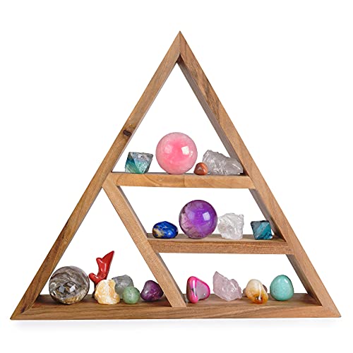 Curawood Triangular Crystal Display Shelf - Wooden Triangle Shelf for Crystals - Crystal Holder for Stones Display - Altar Crystal Wall Decor, Rock Display Shelf - Crystal Shelf Display for Stones
