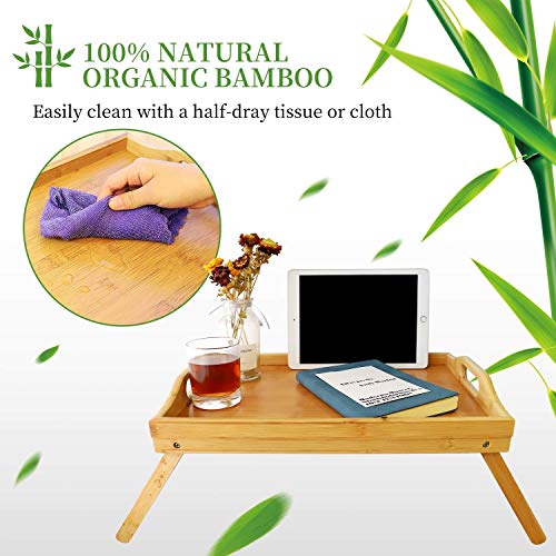 Bamboo Bed Tray,Breakfast Tray with Folding Legs Serving Tray with Carrying Handles Portable Lap Tray Lightweight Decorative Tray Food Tray for Breakfast in Bed,Reading or Working (17.1 Inch).