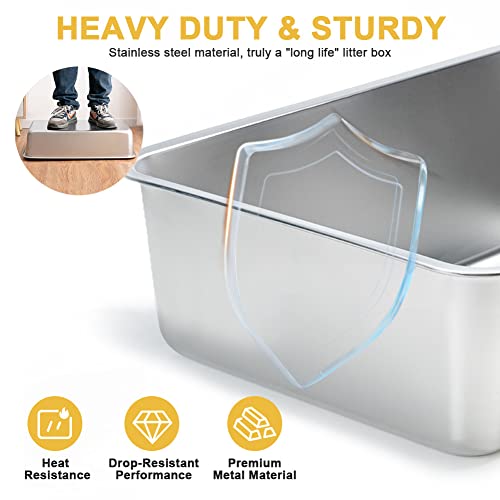 3 Pack Stainless Steel Cat Litter Box, Rust Proof Large Metal Cat Box with High Sides Nonstick Litter Pan Safe and Hard for Kitten and Bunny, Easy to Clean (15.7 x 11.8 x 5.9 Inches)