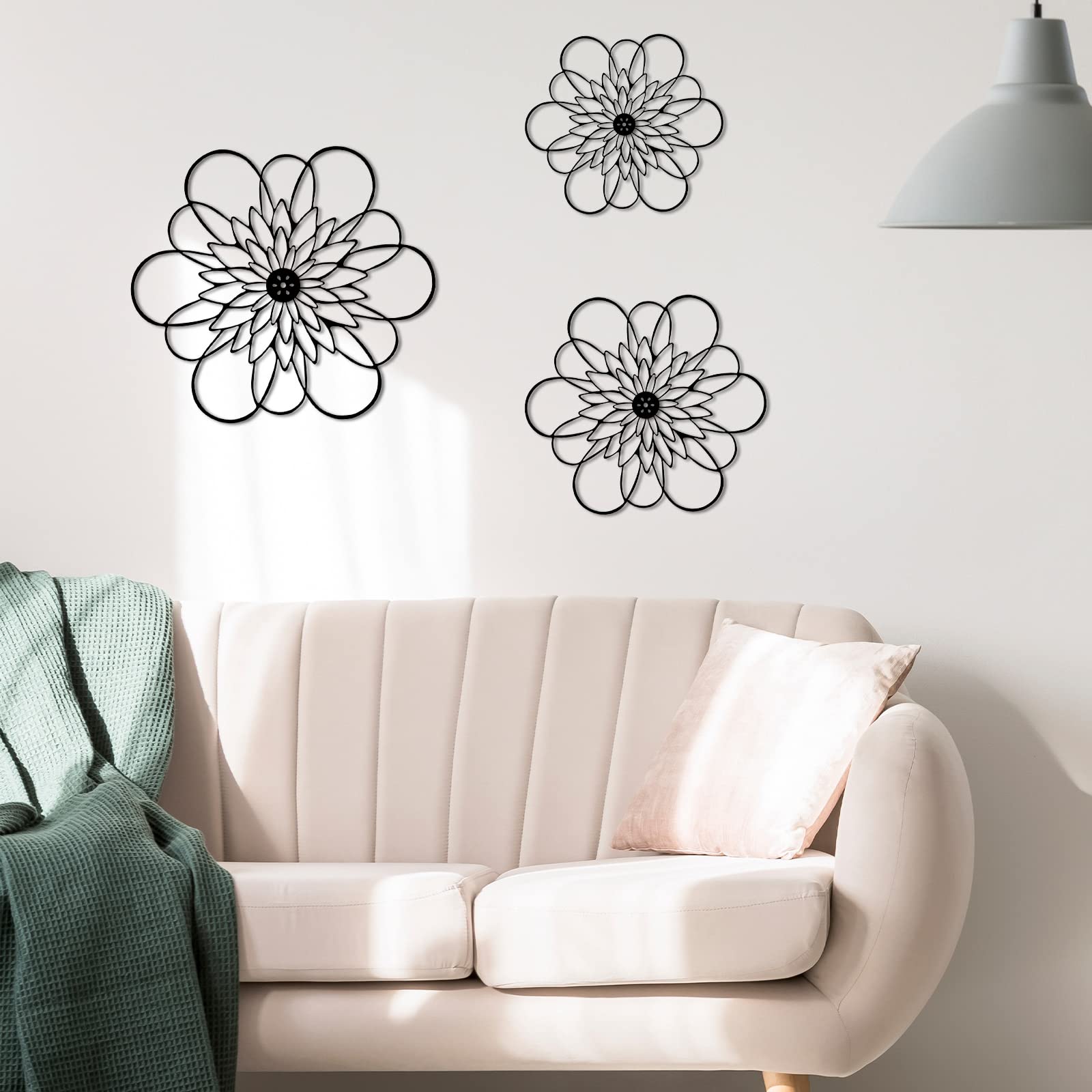 3 Pieces Metal Flower Wall Decor Rustic Galvanized Metal Flower Hanging Metal Flower Wall Art Wire Outline Wall Flowers Decor for Home Bedroom Bathroom Kitchen Garden Wall Art (1 Style)
