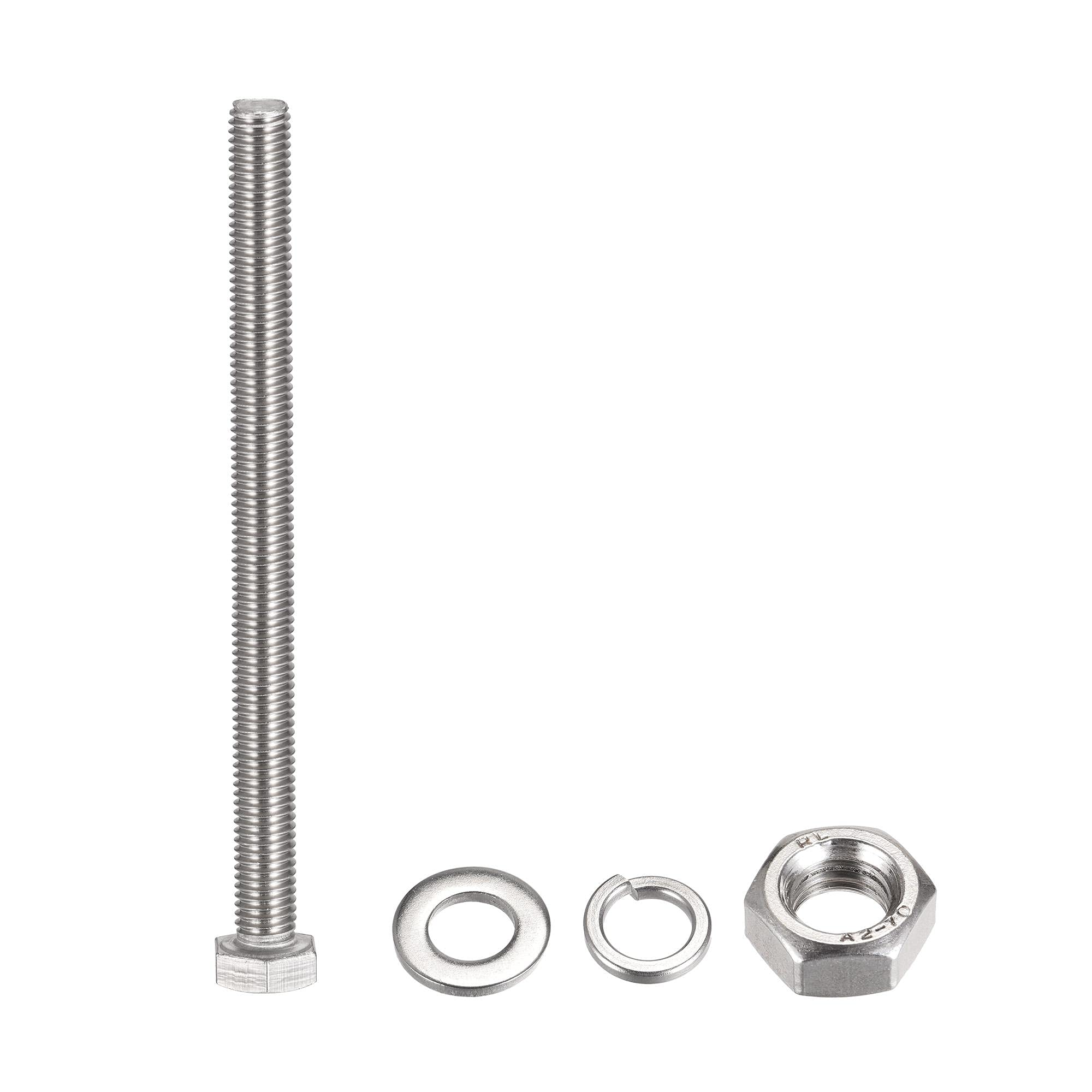 uxcell M10 x 140mm Hex Head Screws Bolts, Nuts, Flat & Lock Washers Kits, 304 Stainless Steel Fully Thread Hexagon Bolts 4 Sets