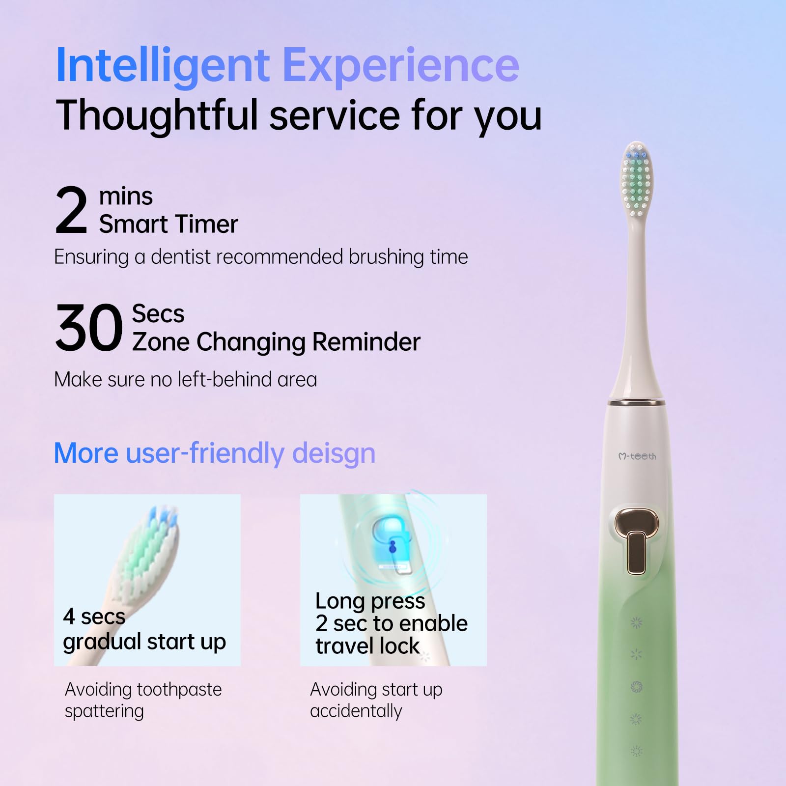 M-teeth Sonic Electric Toothbrush for Adults, X7 Series with 120 Days Battery Life, 5 Modes, 3 Brush Heads, Smart Timer, Dentist Recommended, Rechargeable, Water Resistant, Green