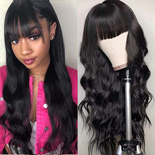 Body Wave Wigs With Bangs Virgin Brazilian None Lace Front Wigs Human Hair Wigs 180% Density Glueless Machine Made Wigs For Black Women (18 inch, body wave)