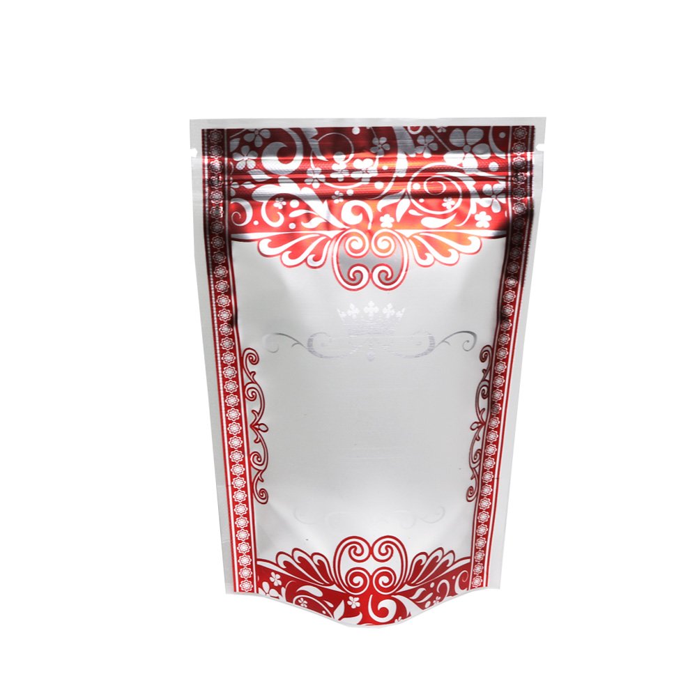 100PCS Matte Red & Silver Border Royal Crown Flower Design Stand-Up Zip Seal Bags 12x20cm (4.7x7.8")