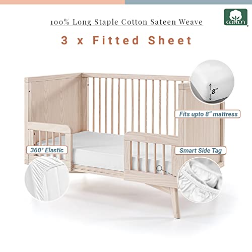Pizuna 400 Thread Count Cotton Crib Fitted Sheet 3pc, 100% Long Staple Cotton White Crib Sheets Luxurious Sateen Weave All Around Elastic Deep Pocket Kids Bed Sheet (100% Cotton White Crib Bed Sheet)