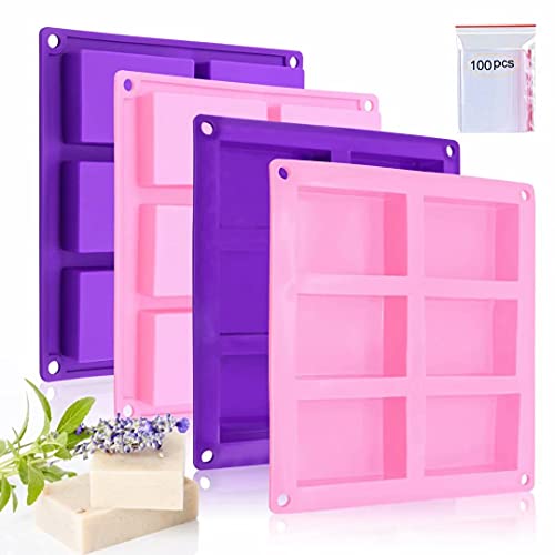 Bangp 4 Pack Silicone Soap Molds,6 Cavities Handmade Soap Making Molds,Silicone Cake Bread Baking Molds for DIY Crafts,Soap Molds for Soap Making,with 100pcs 3.5x5 inches Bags