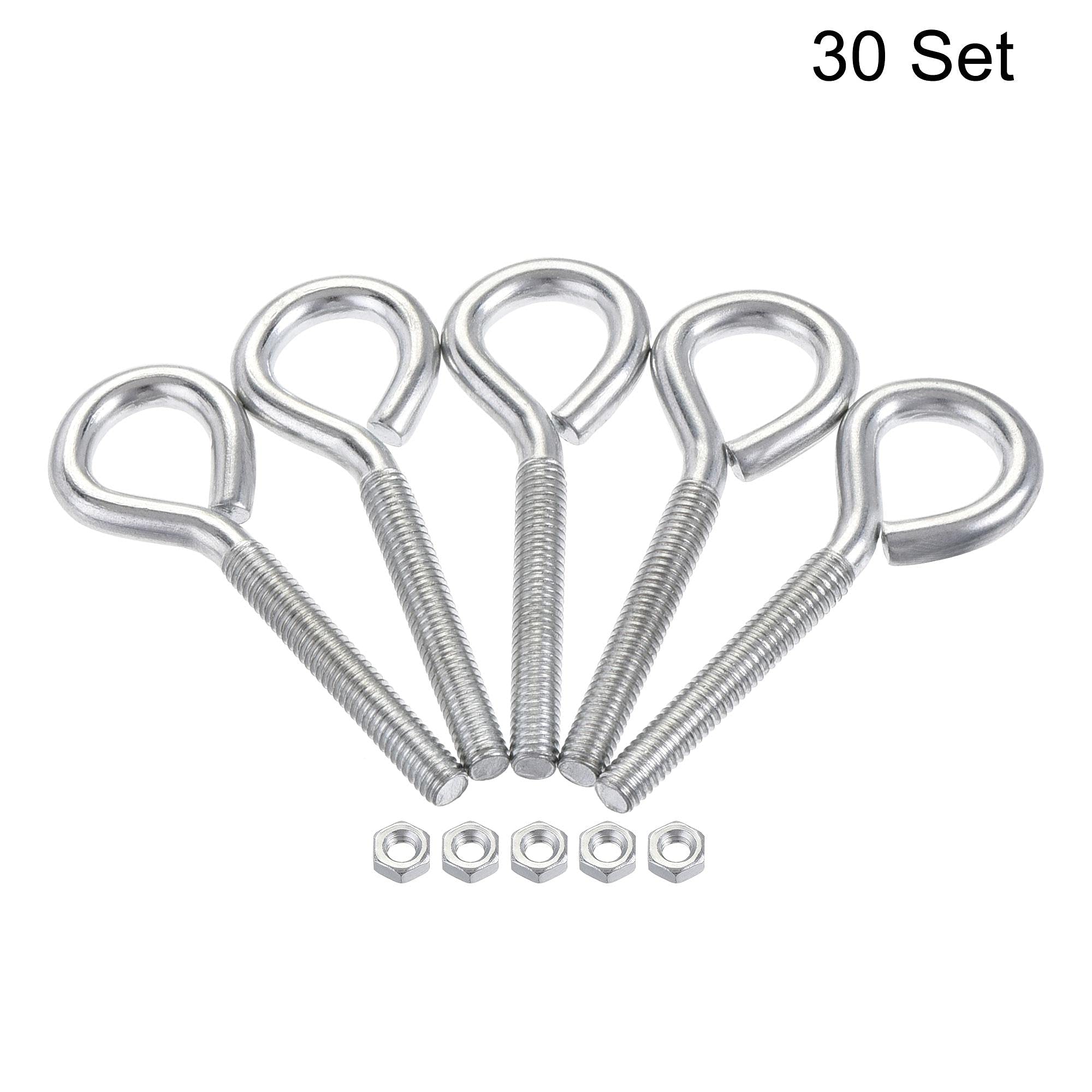 uxcell M4x30mm Eye Hooks Screws Bolts Kit, 30pcs Carbon Steel Hanger Eyelet Hooks Screw with Hex Nuts for Metal Hook, Wood Terminal Ring Hooks