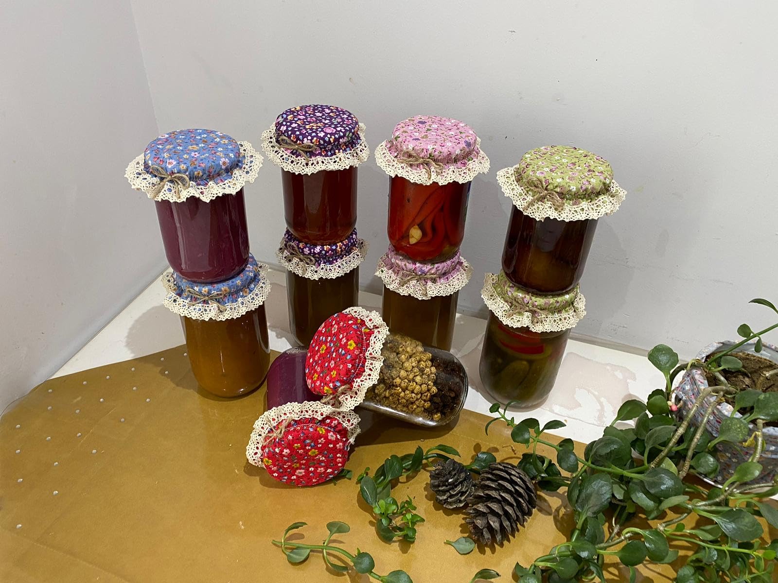 10 Pieces Elastic Jar Cover Cloth - 100% Cotton Jar Cover Cloth - Stretchy Colorful (Red,Blue,Yellow,Pink,Green) Flowered Pattern - Breathable Fermentation Lid Bowl - Reusable Elastic Cloth Jar Covers