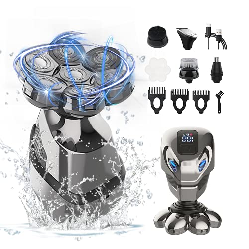 7D Electric Head Shave for Men, 5-in-1 Electric Razor for Bald Men Cordless Rechargeable USB, Waterproof Wet/Dry Rotary Shaver Grooming Kit with LED Display Screen.