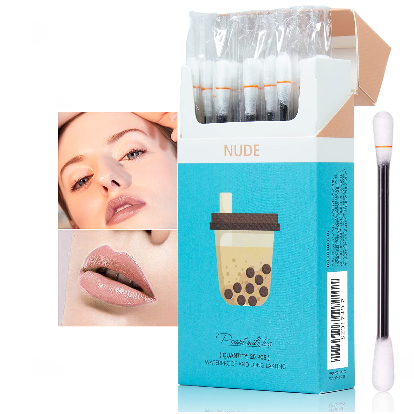 PASNOWFU Tattoo Lipstick, 20 Pcs Tattoo Lipstick cotton swab, Cotton Swab Lipstick, Velvet Matte Tattoo Lip Stain Portable Lip Stain, Durable Waterproof Liquid Non-Stick Lip Gloss (Nude)