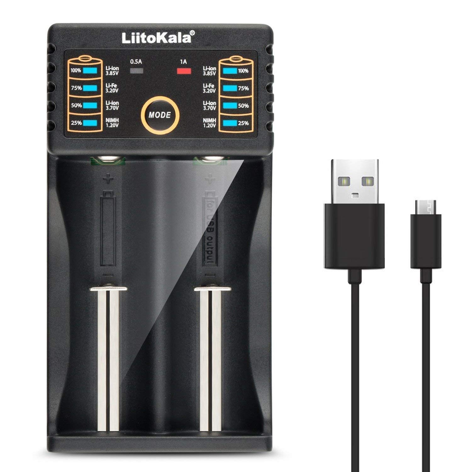 2-Bay USB Smart 18650 Battery Charger，Smart Multifunctional Battery Charger for 18650 26650 14500 16340 10440 RCR123,3.2V LiFePO4,1.2V Ni-MH Ni-Cd AA with 2 LED Indicators