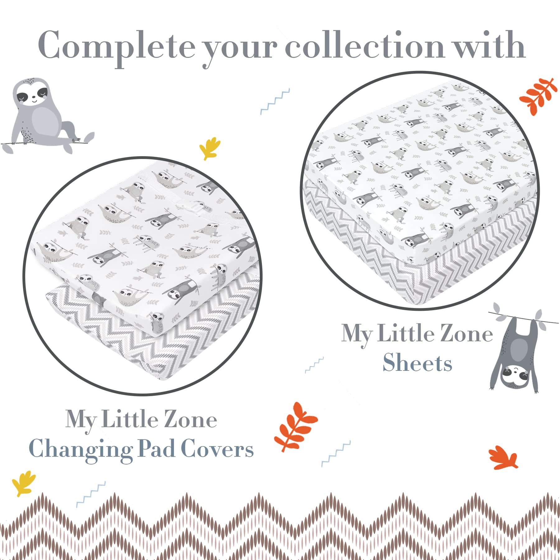 My Little Zone 100% Cotton Changing Pad Cover for Baby Boys and Girls, Chevron - Breathable Bassinet, Mini Crib Mattress Fitted Sheets - Little Sloth, 32"x16" with 8" Deep Pocket, White-Grey, 2 Pack