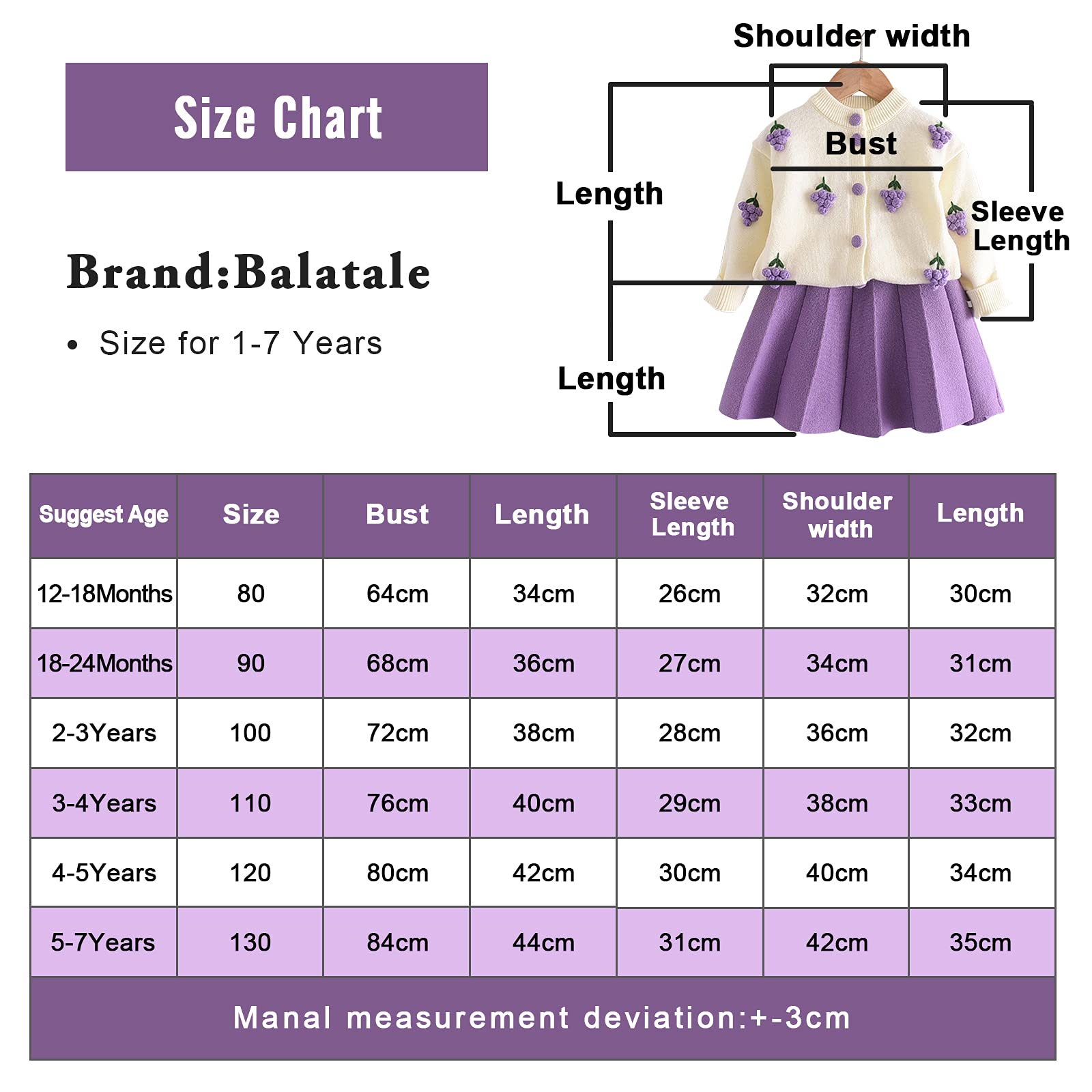 Balatale Toddler Girls Fall Outfits Buttons Sweater Tops Mini Skirt Set 2Pcs Long Sleeve Autumn Winter Clothes Set Purple 12-18Mth