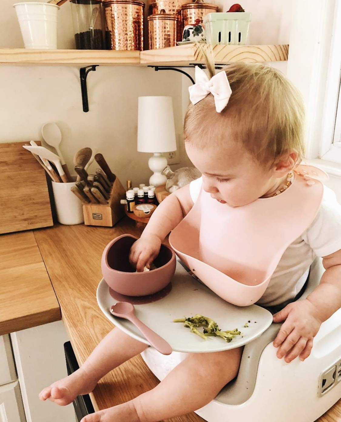 Ali+Oli Silicone Suction Bowl and Spoon Set (Blush, Original) - Unbreakable Suction Bowls for Baby 6 Months and Up, Self Feeding Baby Utensils, First Stage Baby Feeding Supplies