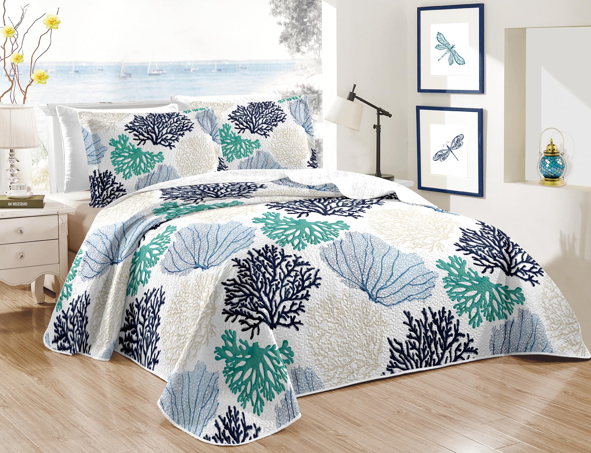 3 Piece Blue Teal Coral Coastal Quilt Sets King Size Nautical Beach Bedding Lightweight Reversible Microfiber Coverlet with 2 Shams Ocean Themed Bedspread Comforter Set for All Season, 96" x 106"