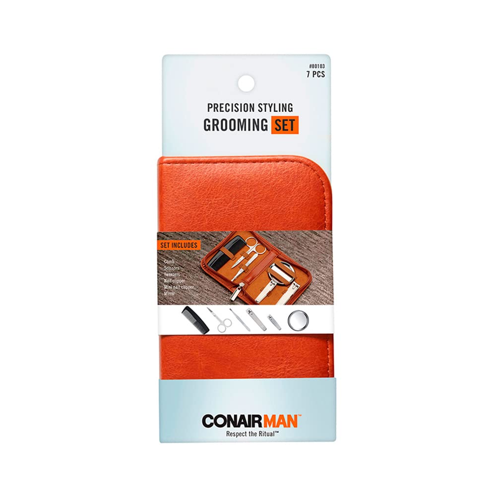 Conair Men's Grooming Kit, Grooming Kit for Men with 7-Pieces in Leather, Zippered Case