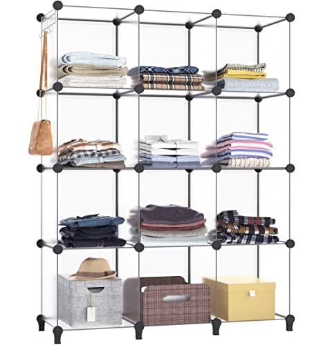 HOMIDEC Closet Organizer, 12-Cube Closet Organizers and Storage, Portable Closet Storage Shelves, Clothing Storage for Kids, Closet, Bedroom, Bathroom, Office (11.8x11.8x11.8 inch), Transparent