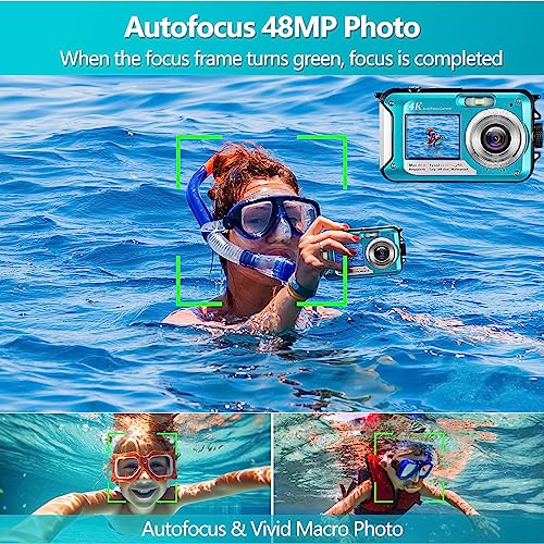 4K Waterproof Camera 11FT Underwater Camera with 32GB Card 48MP Autofocus Selfie Dual-Screen Underwater Cameras for Snorkeling, Waterproof Compact Digital Camera 1250mAh Battery(Blue)