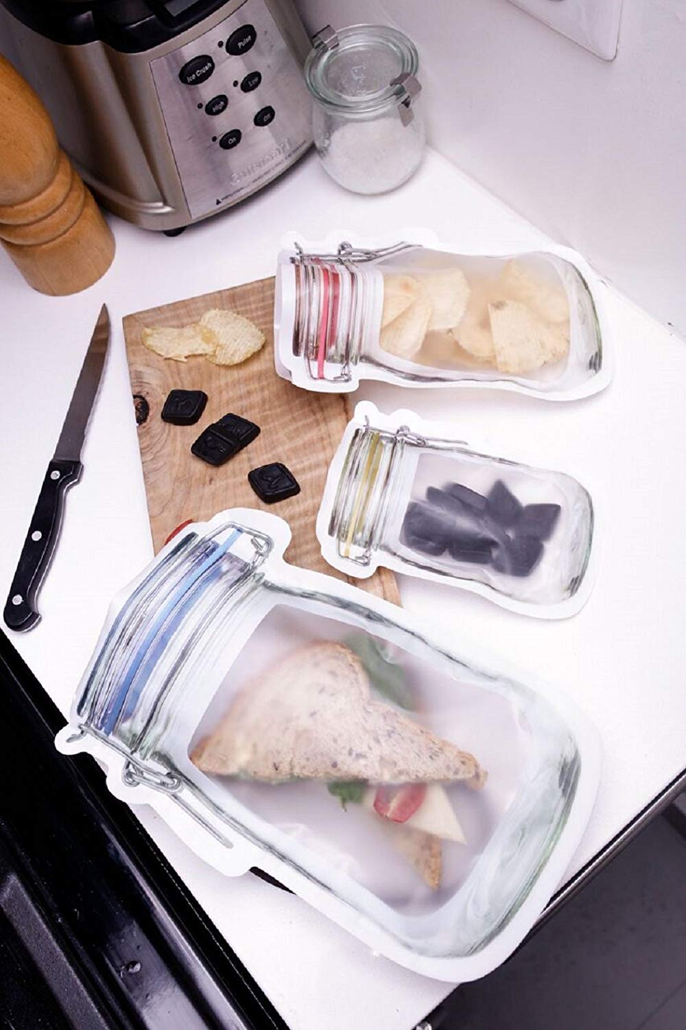 10Pcs Mason Jar Pattern Food Storage Bag Reusable Portable Stand Up Smell Proof Ziplock Bags Snack Saver Container Retail Package Bag Frosted Pouches Blue 9.6×6.7in (24.5×17.5cm)