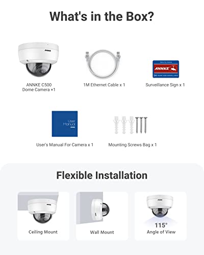 ANNKE C500 5MP PoE Security IP Dome Camera, Super HD H.265+ Night Vision, Remote Access Built-in Mic, Support 256 GB TF Card, IP67 Outdoor Weatherproof & IK10 Vandal-Proof