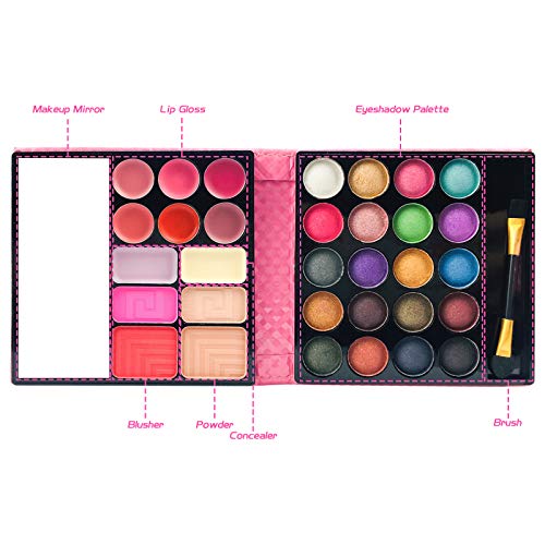 All in One Makeup Kit,Beauty Book Makeup Set With Eyeshadow Palette Lip Glosses Blushers Powder Concealer Mirror Brush,Professional Makeup Kit Set Gift for Women Girls,Beginners,Teens,32 Colors(Pink)
