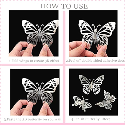 Mudboo 48 Pcs 3D Butterfly Wall Stickers,3 Styles 3 Sizes,Removable Wall Sticker Butterfly Wall Decals Decoration for Kids Bedroom Nursery Classroom Party Wedding Decor DIY Gift (Silver)
