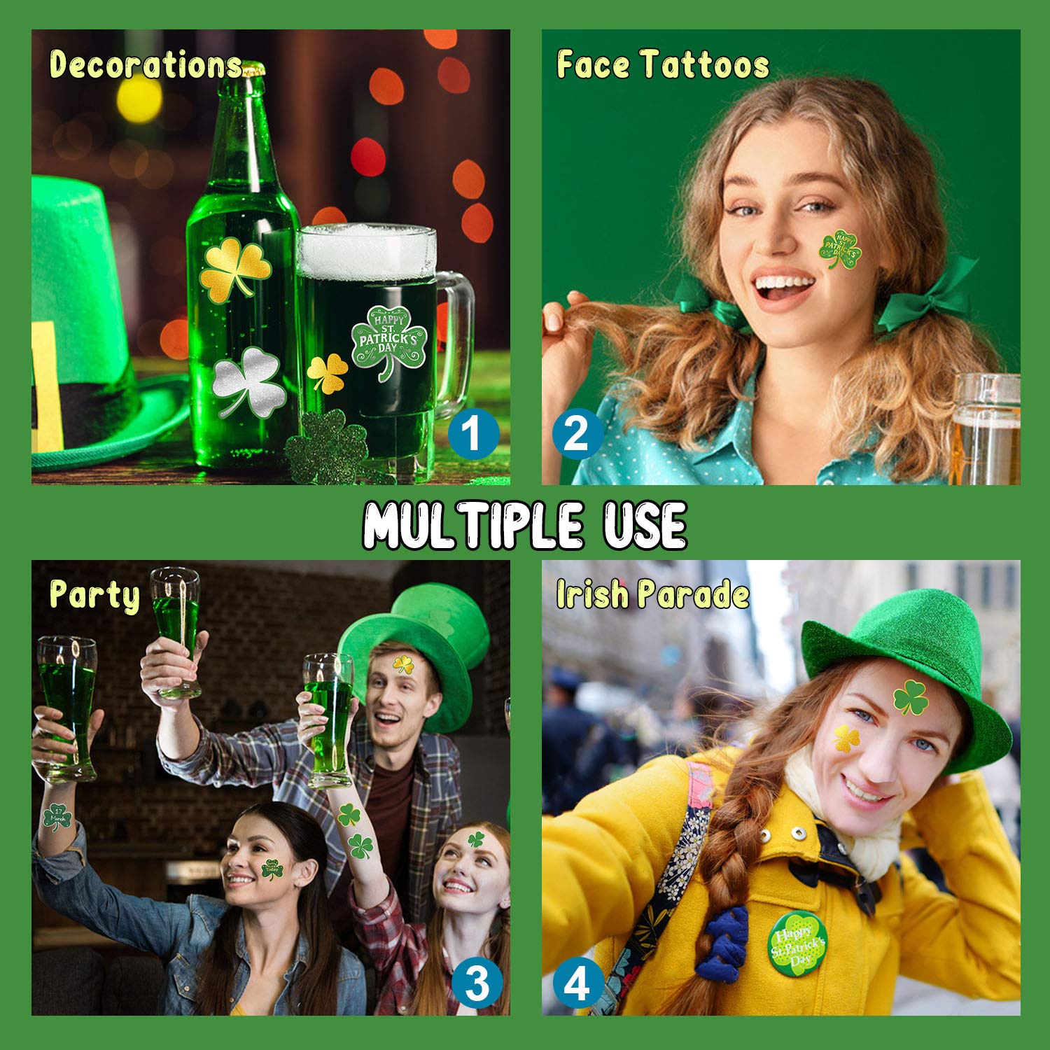 Partywind 64 PCS St Patrick's Day Temporary Tattoos, Metallic Glitter Shamrock Face Stickers for Saint Patrick's Day Decorations Party Favors, Irish Shamrock Decor for Women, Men, Kids (2 Sheets)