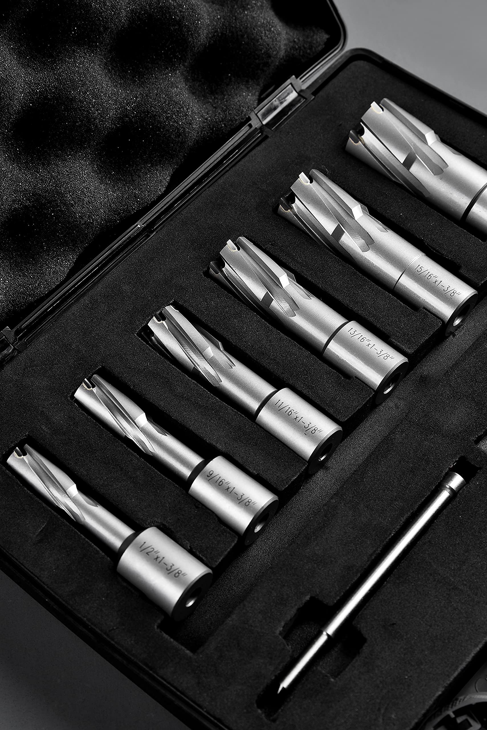 Annular Cutter Set Carbide 8pcs JESTUOUS 3/4 Inch Weldon Shank 1-3/8 Cutting Depth and Cutting Diameter from 1/2 to 1-1/16 Two Flat TCT Bit for Drill Press with 2 Pilot Pins