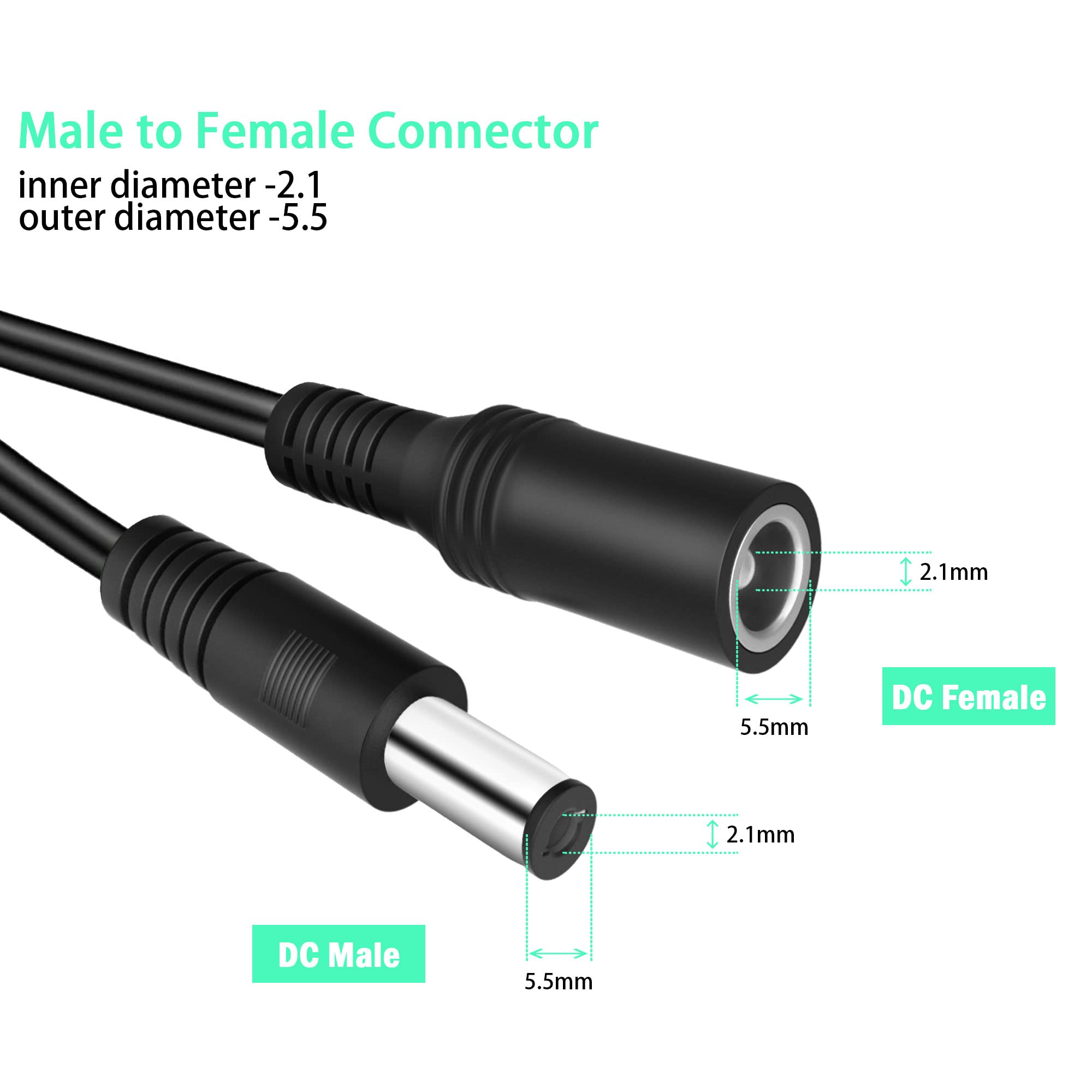 2-Pack 13FT DC Power Extension Cable 5.5mm x 2.1mm 12V DC Extension Cord Security Camera Wire Male to Female for CCTV Indoor Camera,Standalone LED Strip,DC Power Supply Adapter Extender Cable