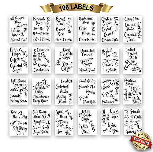 106 Pantry Labels Stickers by 7 Ruby Road for Kitchen Organization and Storage. Clear Water Resistant, Farmhouse Cursive Script for Food Canisters, Containers, Mason Jars for flour, sugar, coffee
