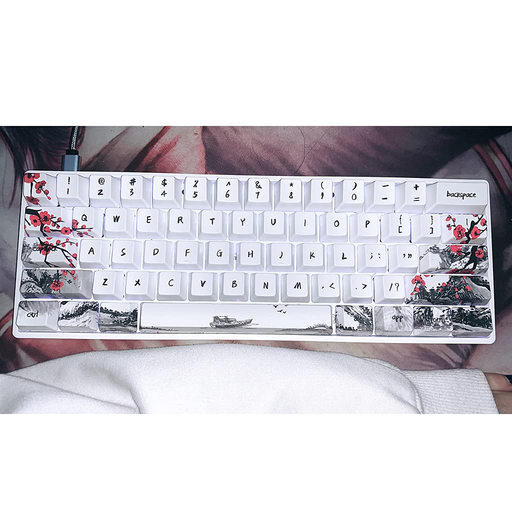S-YUWEN 71 Keys PBT Keycaps Set - Five Sides Dye-subbed 71 Keys OEM Profile Keycaps 3 Languages for Standard Mechanical Gaming Keyboard DIY Unique Chinese Plum Blossom Theme, one size