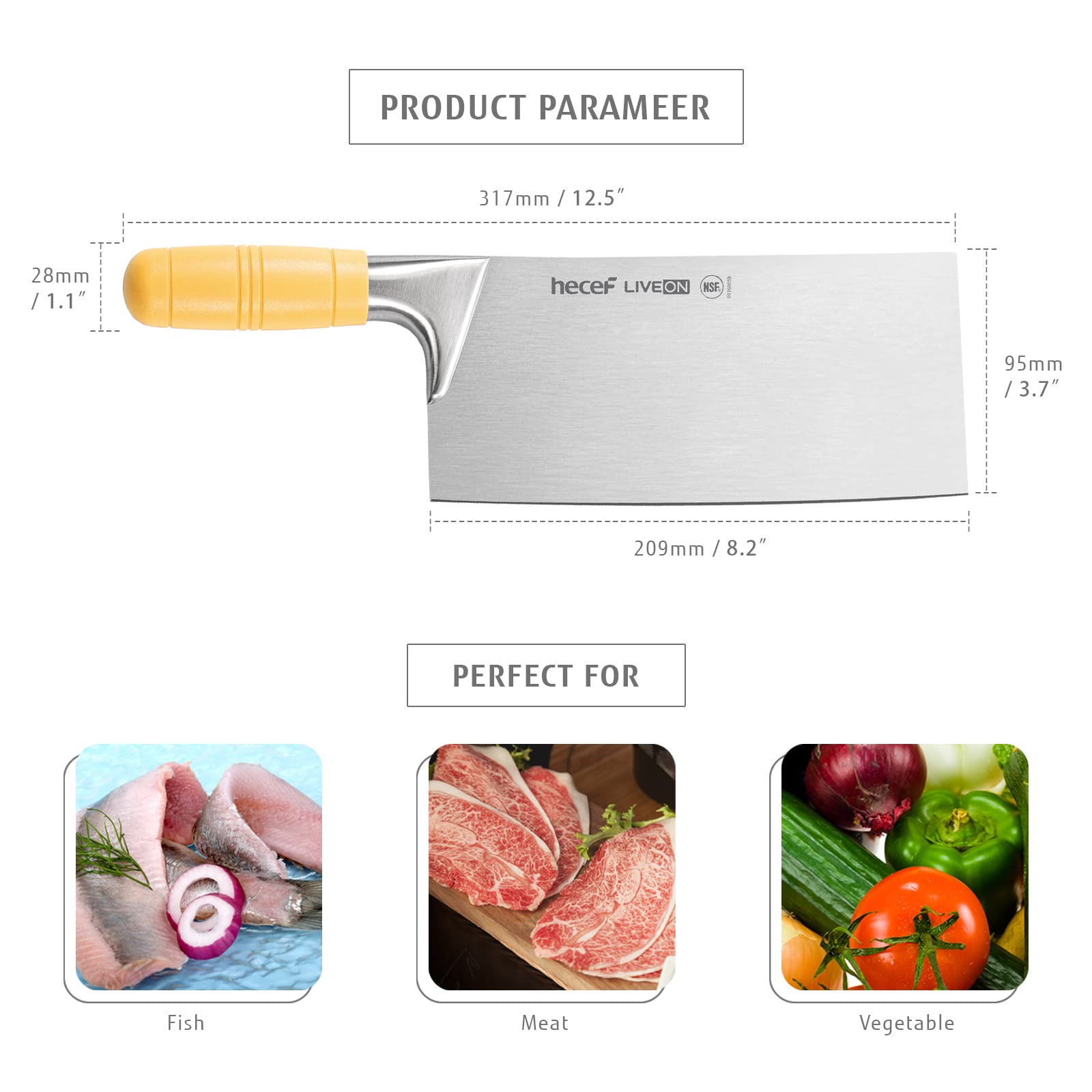 hecef Cleaver Knife 8.2 Inch, Chinese Chef Knife, German Stainless Steel Slicer Cleaver, Vegetable Meat Cutting Knife for Home & Restaurant, Yellow, NSF Certified