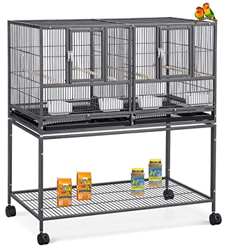 42" Stackable Center Divided Breeder Breeding Bird Flight Double Rolling Cage for Aviaries Canaries Cockatiels Lovebirds Finches Budgies Small Parrots (Black Vein, Single Story)