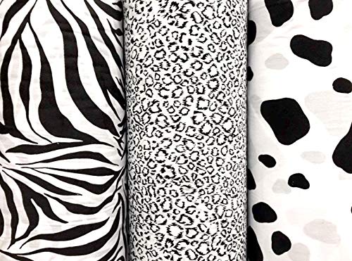 AMORNPHAN Set of 3 Black and White Animal Printed TC Cotton Fabric Leopard Zebra Cow Fat Quarters for DIY Sewing Crafts 18" x 22"