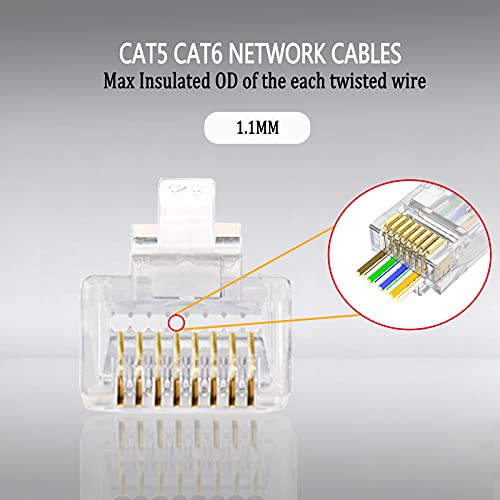 AOWIZ RJ45 Cat5 Cat6 Connector Pass Through RJ45 Ends for Solid Wire and Standard UTP Network Cables 100-Pack