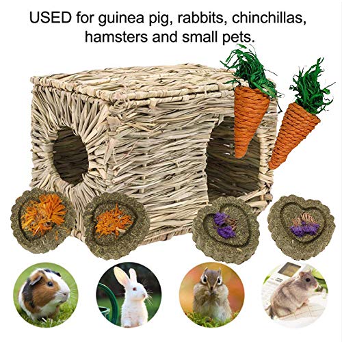 kathson 2 Pcs Rabbit Grass House Natural Foldable Hand Woven Seagrass Bed Carrot Hay Toy Hut Safe Comfortable Playhouse with Bunny Chew Toys for Bunny Hamster Guinea Pig Chinchilla Ferret
