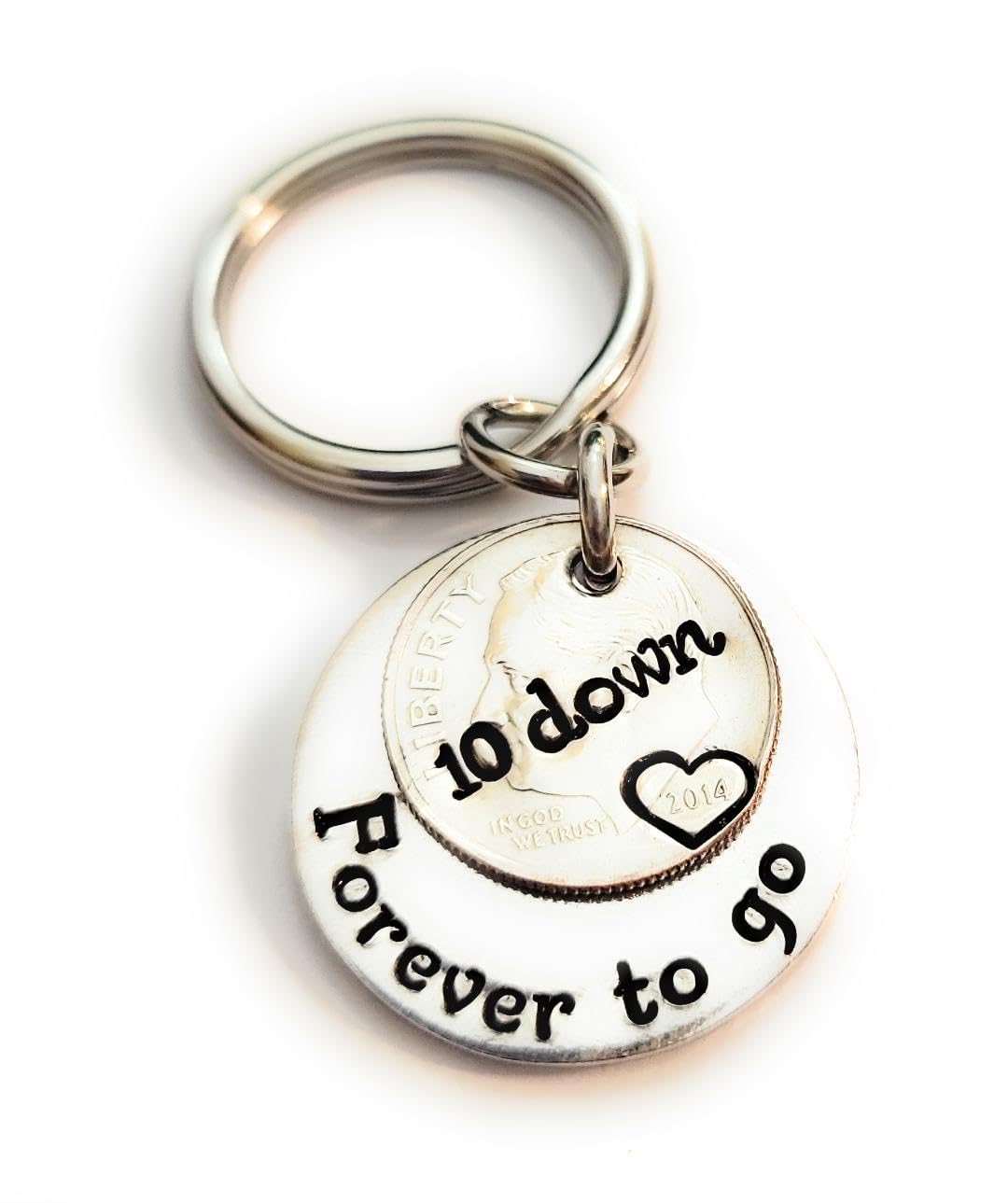 10 Down and Forever To Go 10th Year Anniversary Gift Key Chain with a 2014 Dime and Silver Aluminum Charm