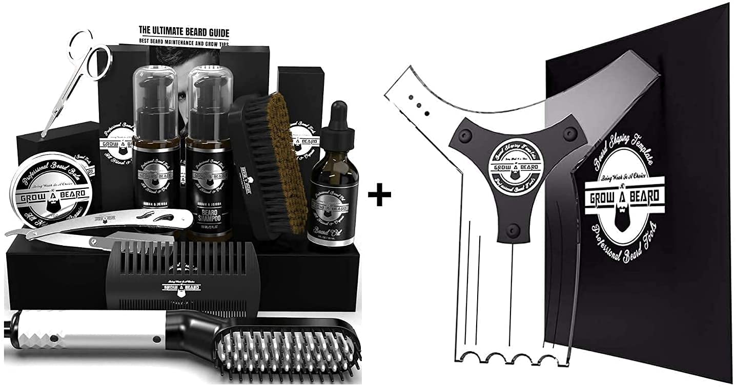 Beard Grooming Kit for Men - Straightener, Brush, Double-Sided Comb, Growth Oil, Balm, Shampoo, Conditioner, Razor, Scissors, and Shaping Tool