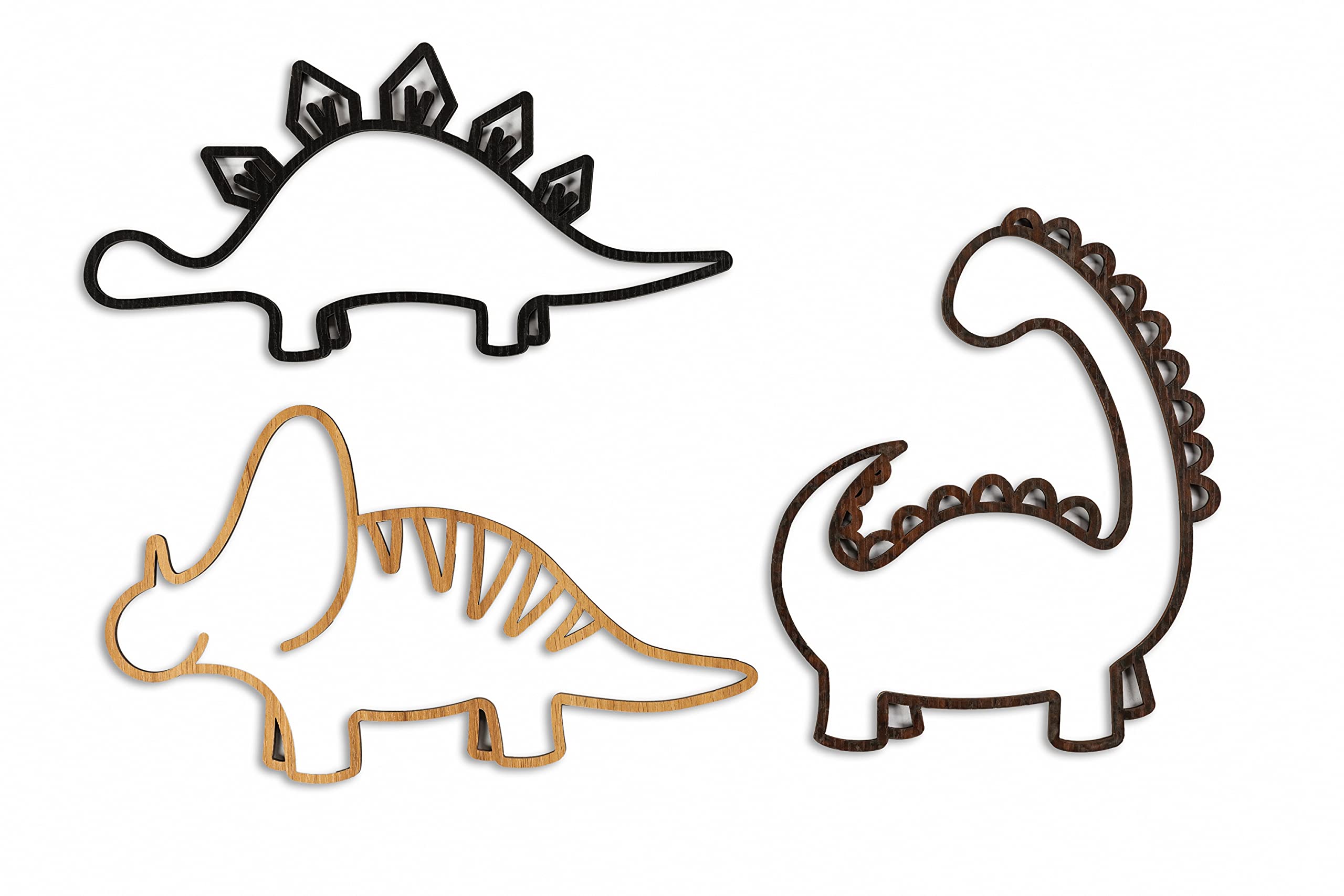 Carrick & Cross – Dinosaur Wall Decor, Wooden Wall Decals – Featuring, Black Oak Stegosaurus, Oak Triceratops & Walnut Brachiosaurus - Dino Wall Art, Perfect in any themed Room; Nursery or Bathroom