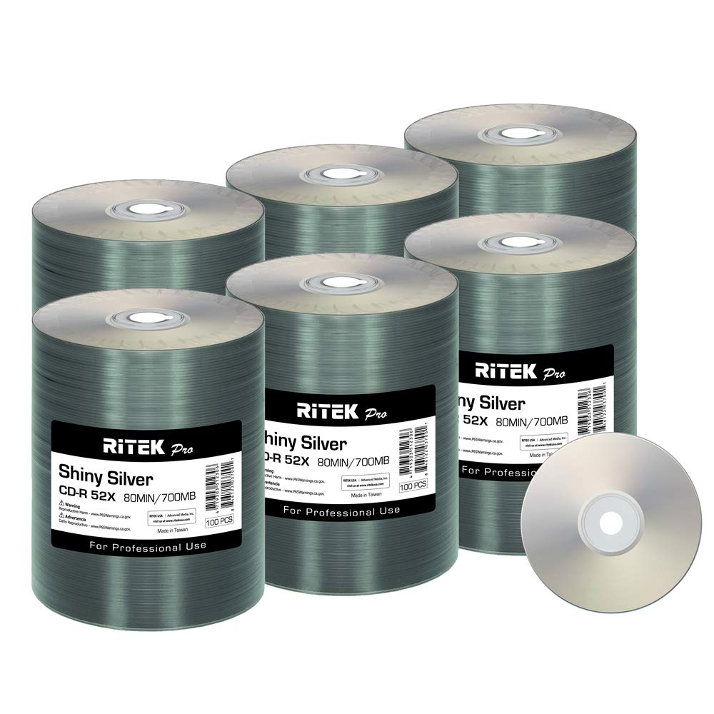 600 Pack Ritek Pro (Professional Grade) CD-R 52X 700MB Shiny Silver Lacquer Silk Screen Printable Blank Media Recordable Disc