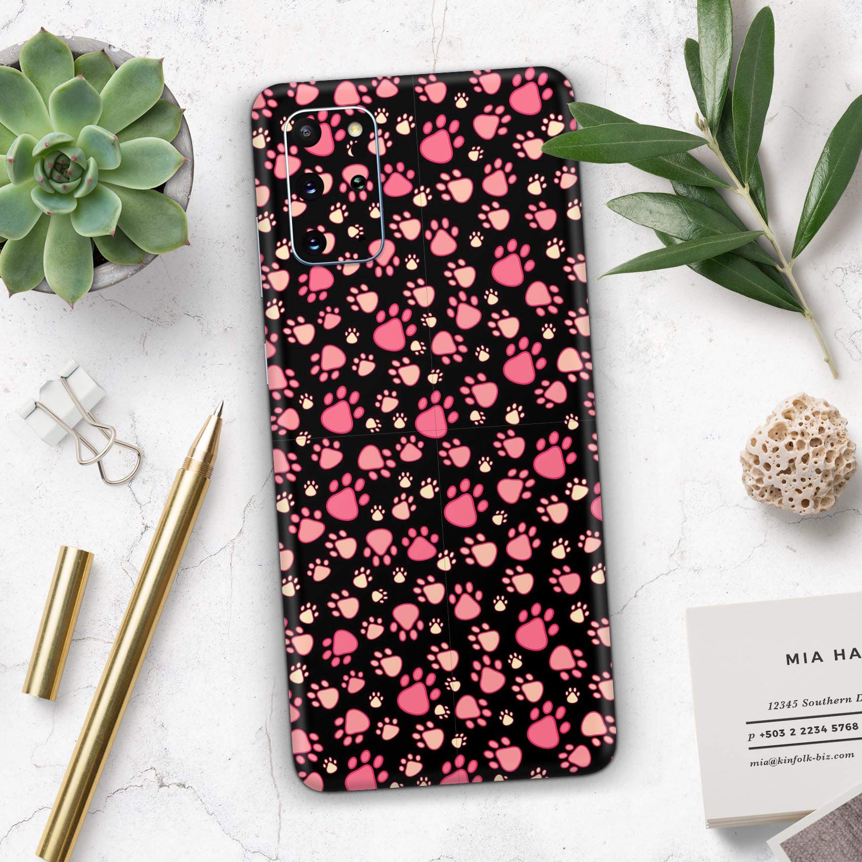 DesignSkinz Pink Paw Prints on Black Protective Vinyl Decal Wrap Skin Cover Compatible with The Samsung Galaxy S20 (Screen Trim & Back Glass Skin)
