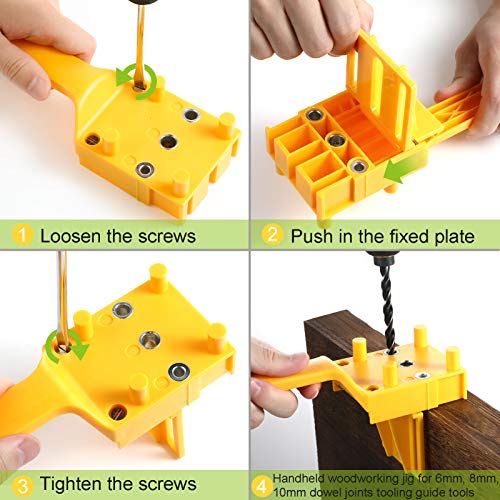 101 Pcs Handheld Woodworking Dowel Jig Kit Wood Dowel Drilling Guide Set for 1/4, 5/16, 3/8 Inch Drill Guide Metal Sleeve with Wood Dowel Pins Drill Bit Dowel Joints Drilling Guide Tools(Yellow)
